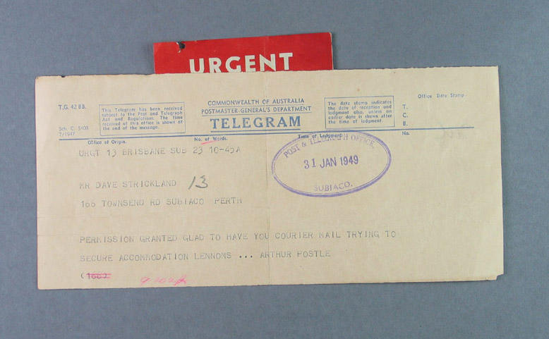 Telegram from Arthur Postle to Dave Strickland, 31 January 1949 ...
