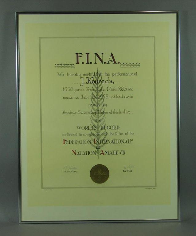 FINA Certificate for the 1650 Yards Freestyle World Record, presented ...