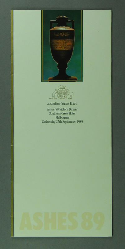 Australian Cricket Board Ashes'89 Victory Dinner menu, 27 September ...
