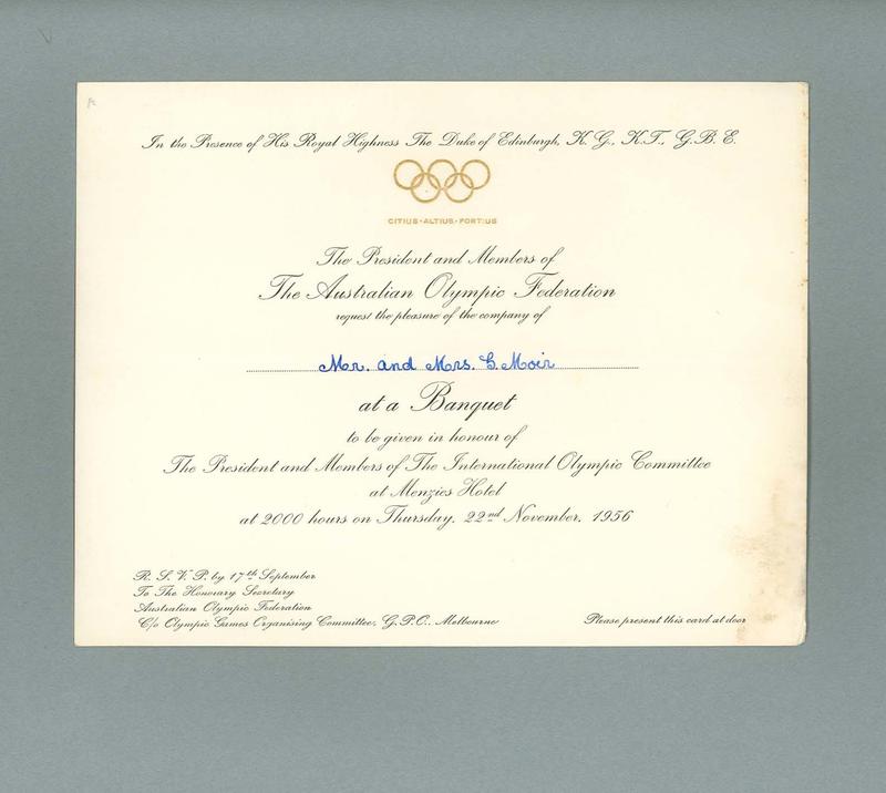 Invitation to Lord Mayor of Melbourne IOC banquet, 22 November 1956 ...