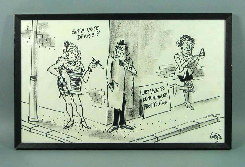 Framed political cartoon by Collette of Brian Dixon and Rupert Hamer ... Framed political cartoon by Collette of Brian Dixon and Rupert Hamer ...