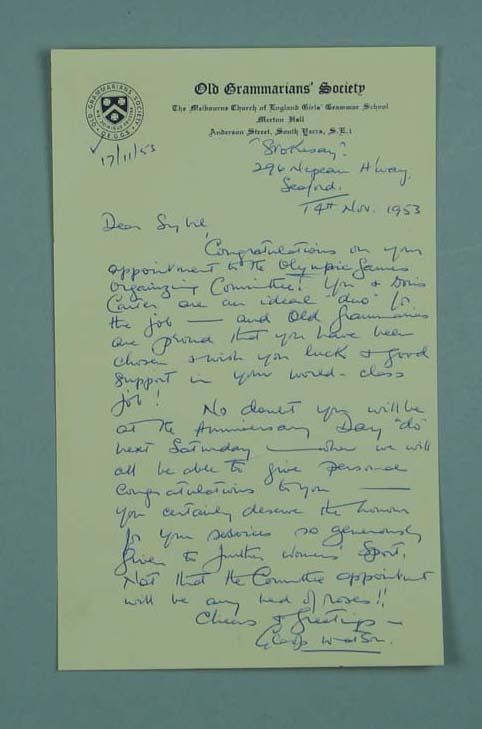 Letter to Sybil Taggart from MGGS Old Grammarians Society, 14 Nov 1953 ...