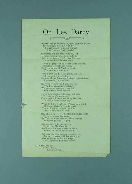 Poem - 'On Les Darcy' - written by Jack Bradshaw - Australian Sports Museum
