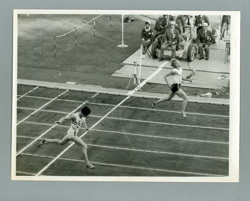 Black and white photograph - Betty Cuthbert winning 400 metres final ...