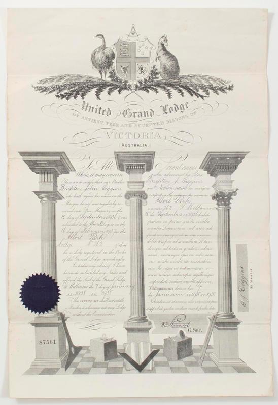 Freemasons certificate for enrolment in Albert Park Lodge awarded to ...