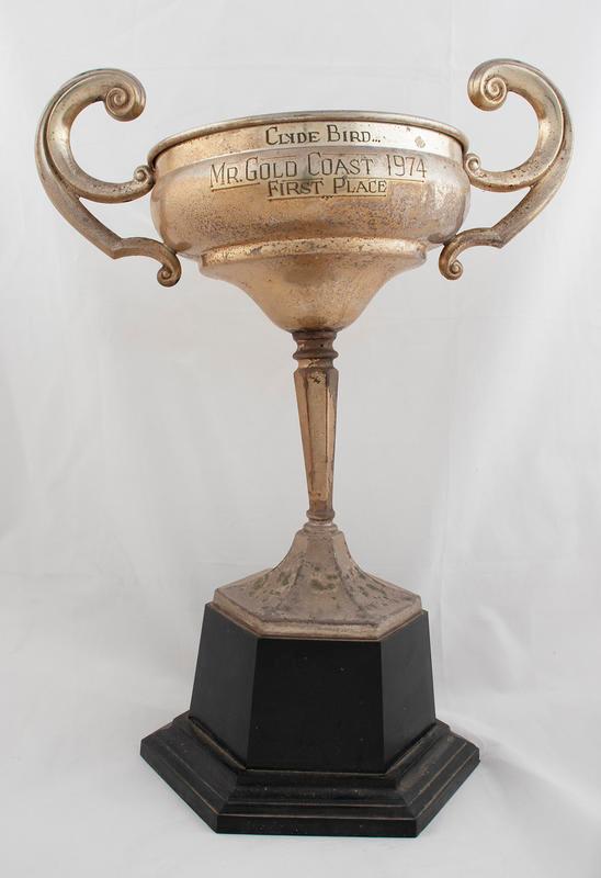 Trophy awarded to Clyde Bird for first place, Mr. Gold Coast, 1974 ...