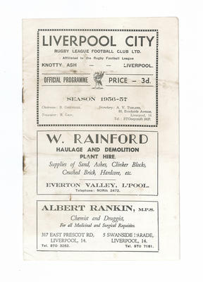 Programme for Liverpool City Rugby League Football Club 1956/57 season ...