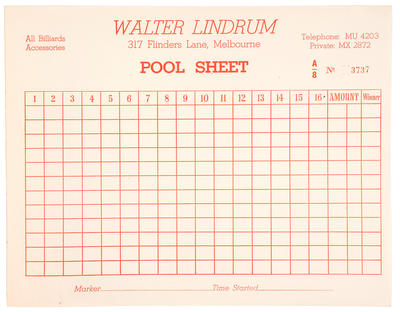 Pool scoresheet, Lindrum’s Billiard Hall - Australian Sports Museum