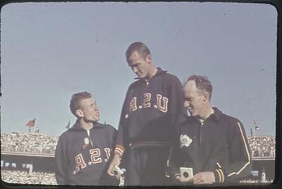 Slide, 1956 Melbourne Olympic Games, Men's 100m medal ceremony ...