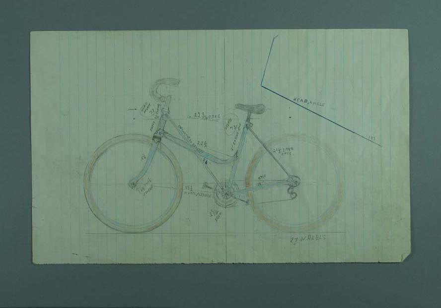 Pencil drawing of a bicycle design with handwritten measurements and ...