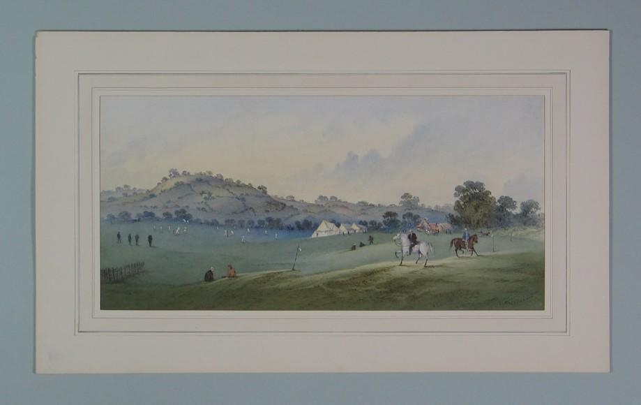 Watercolour, "Cricket on the Downs", signed by J. Richardson ...