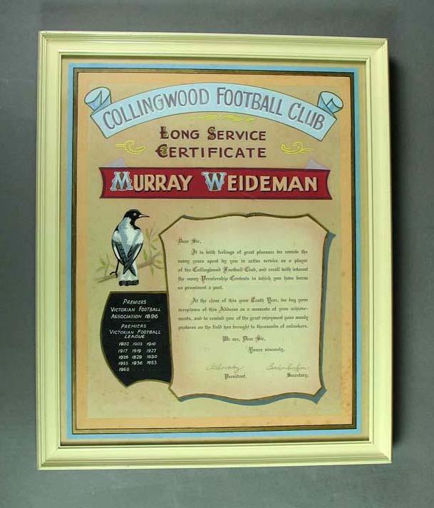 Collingwood Football Club Long Service Certificate, awarded to Murray ...