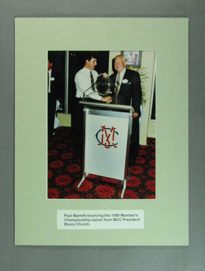 Photograph of Paul Barrett, MCC Squash, receiving 1998 MCC Members Championship Salver ...