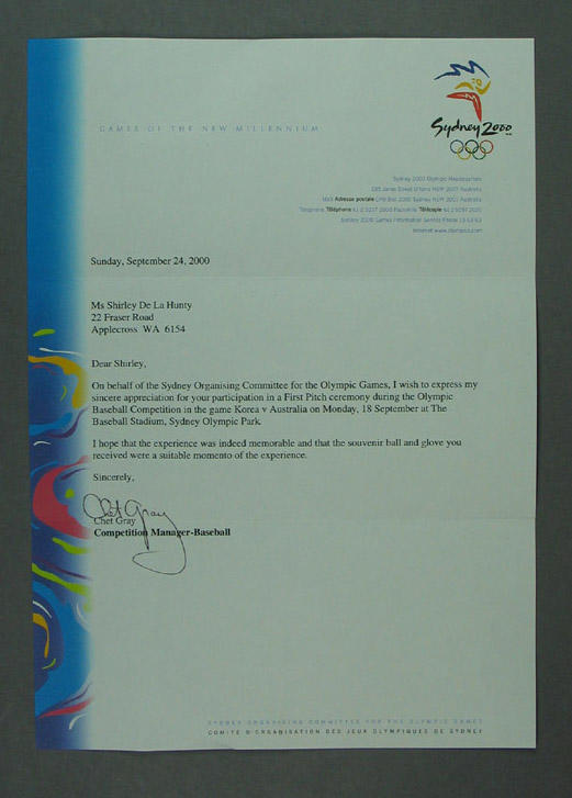 Letter to Shirley Strickland thanking her for participating in Baseball ...