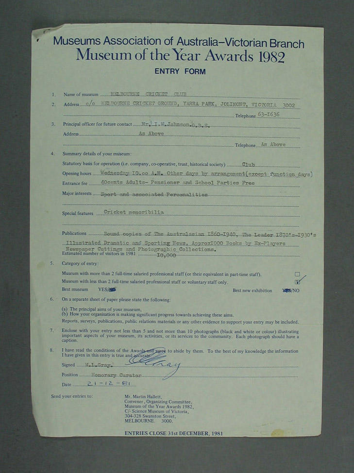 Completed entry form, Museum of the Year Awards 1982 - Australian ...