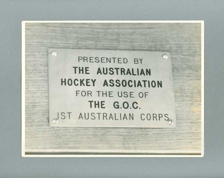 Photograph of a plaque, object presented by Australian Hockey Association to Australian Corps ...