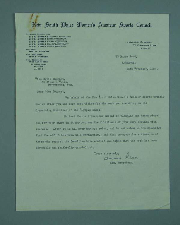 Letter to Sybil Taggart from NSW Women's Amateur Sports Council, 16 Nov ...