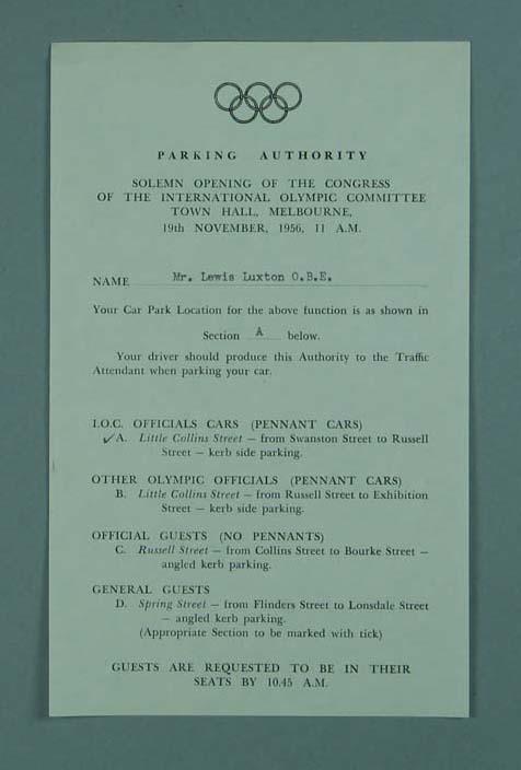 Parking authority for Opening of IOC Congress, 1956 Olympic Games ...