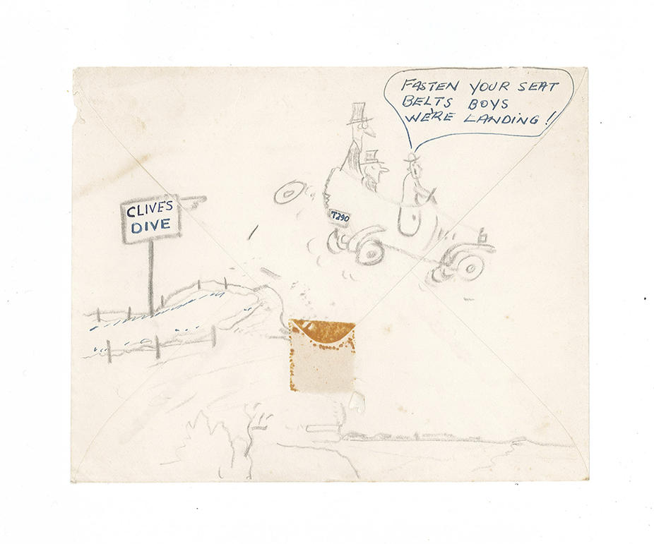 Cartoon depicting Clive Churchill flying a car over a cliff titled ...