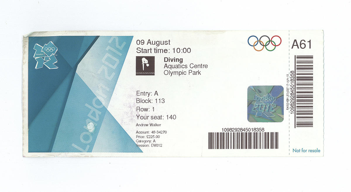Admission tickets to the London Olympic Games, diving, 9 August 2012 ...