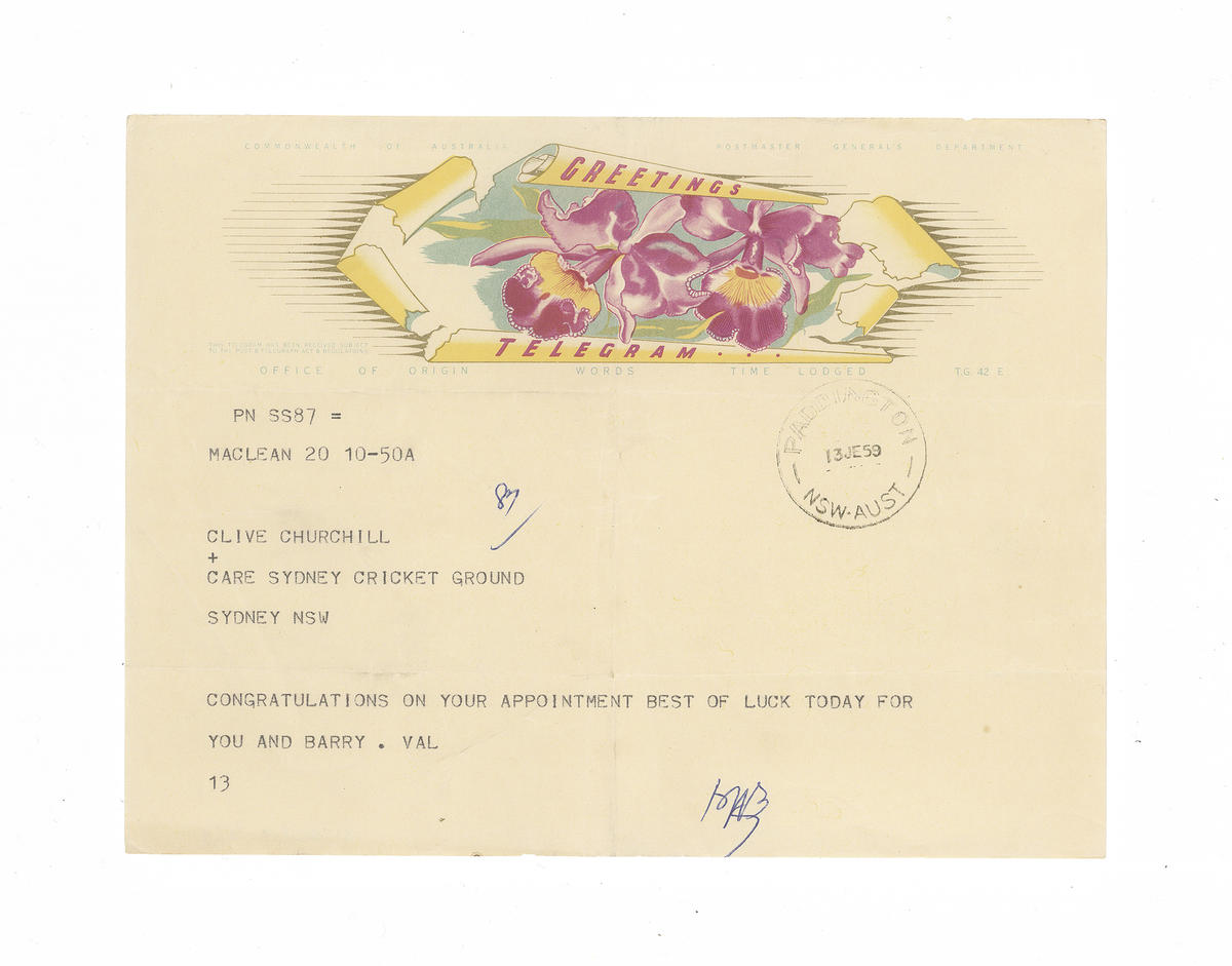 Telegram to Clive Churchill offering congratulations from Val ...