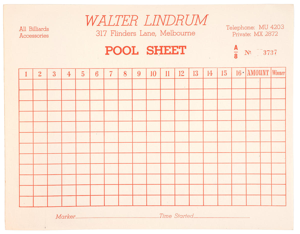 Pool scoresheet, Lindrum’s Billiard Hall - Australian Sports Museum
