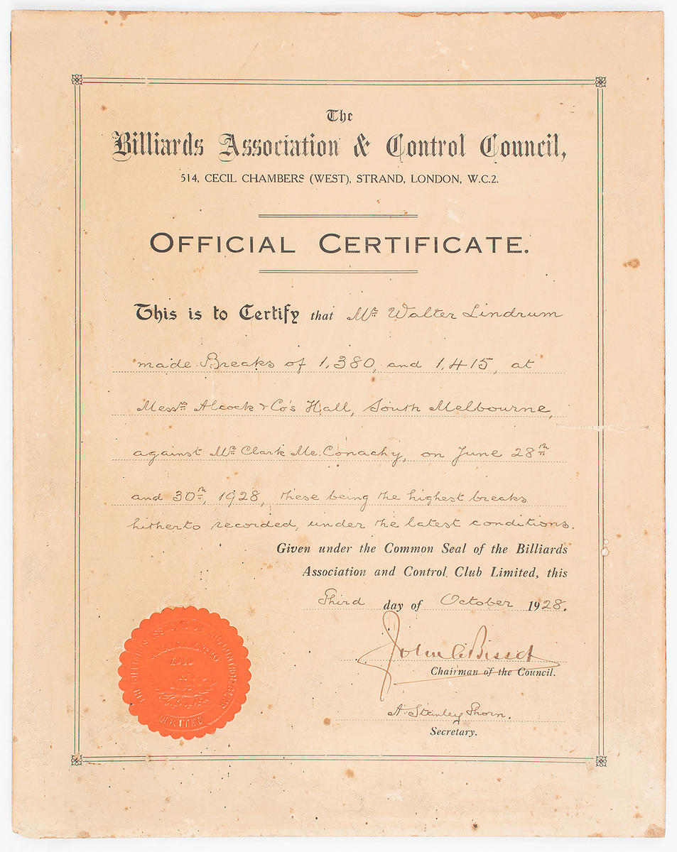 Certificate, Record Billiards Break, issued to Walter Lindrum, 1928 ...