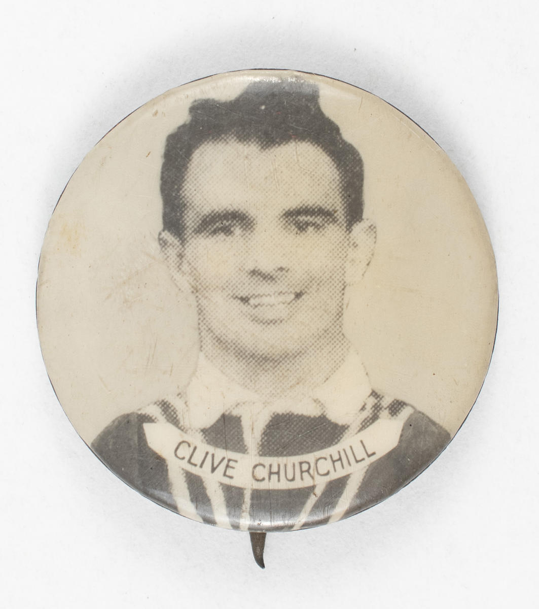 Badge with image of Clive Churchill, circa 1950 - Australian Sports Museum