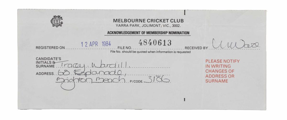 Acknowledgement Slip, for Registration of Melbourne Cricket Club ...