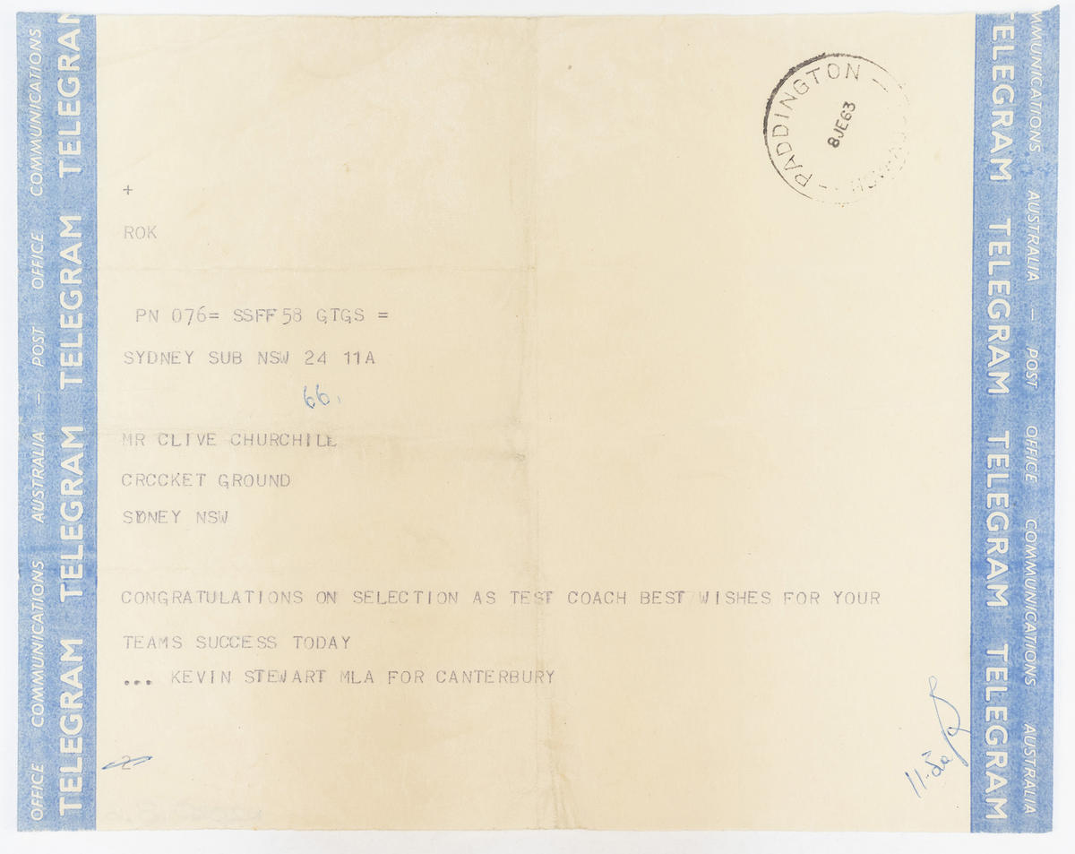 Telegram of congratulations to Clive Churchill from Kevin Stewart ...